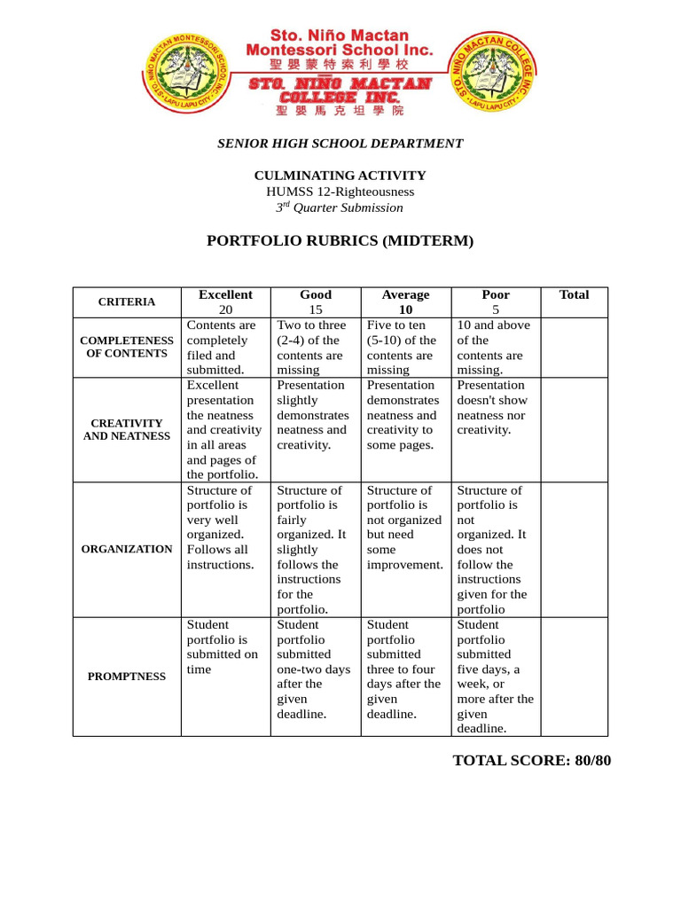 HUMSS 12 Portfolio Evaluation Rubrics | PDF