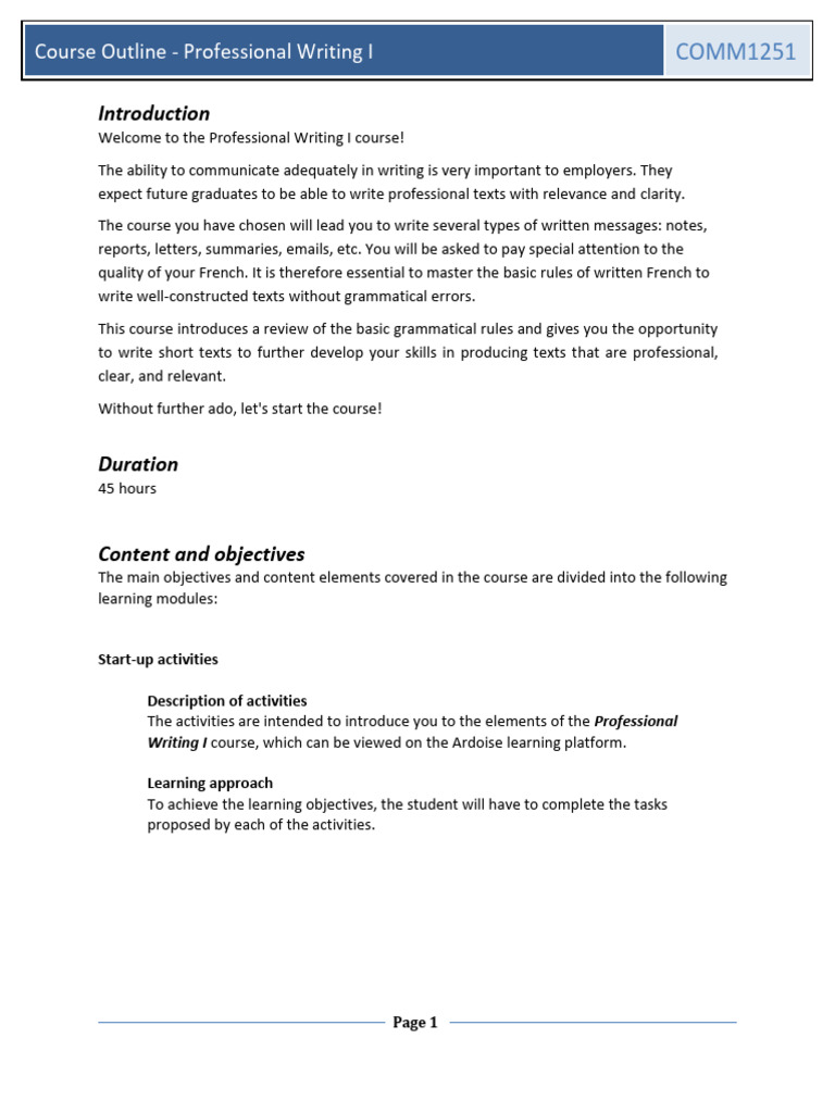 Professional Writing I Course Outline | PDF | Learning | Teachers