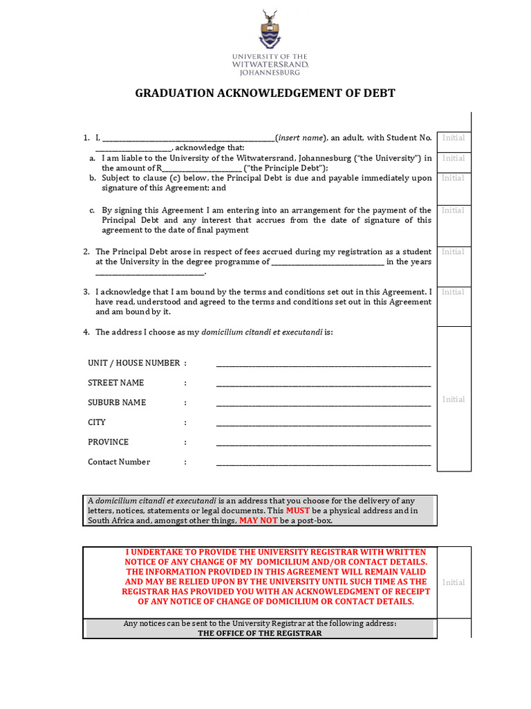 Graduation Debt Acknowledgment Form | PDF | Interest | Debt