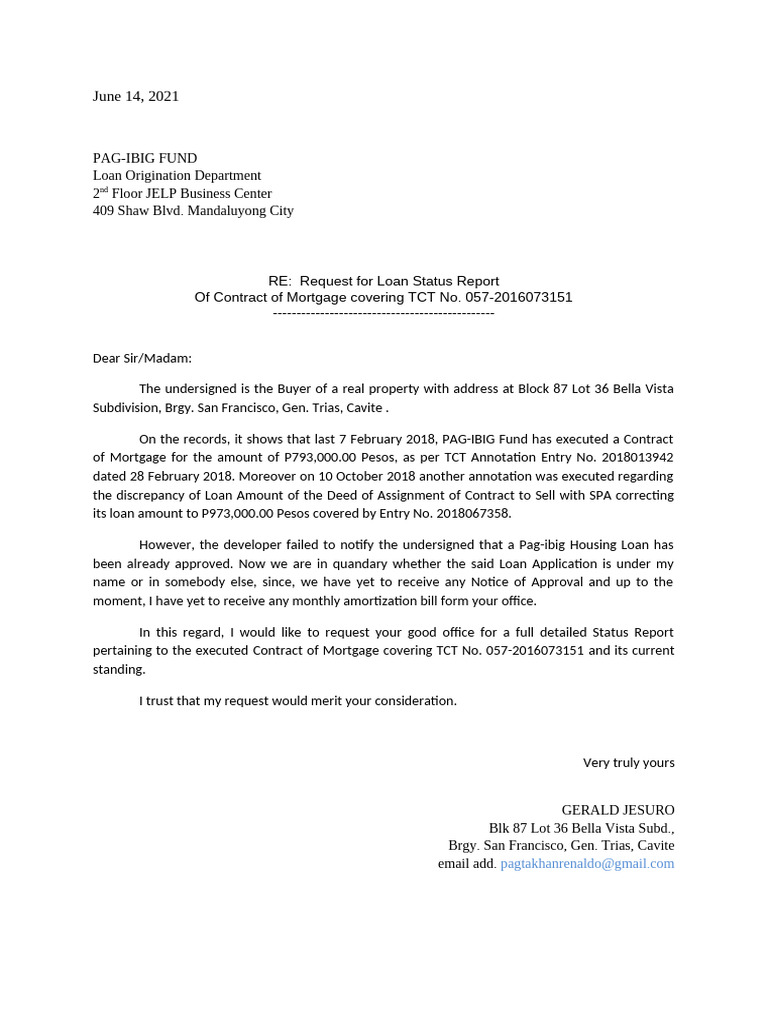 Letter Status Report Pagibig | PDF