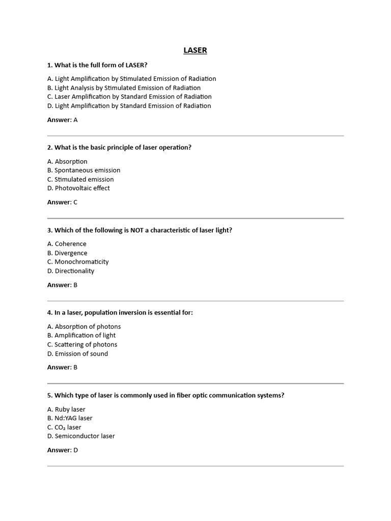 MCQs On Lasers and Optical Fibers | PDF | Laser | Optical Fiber