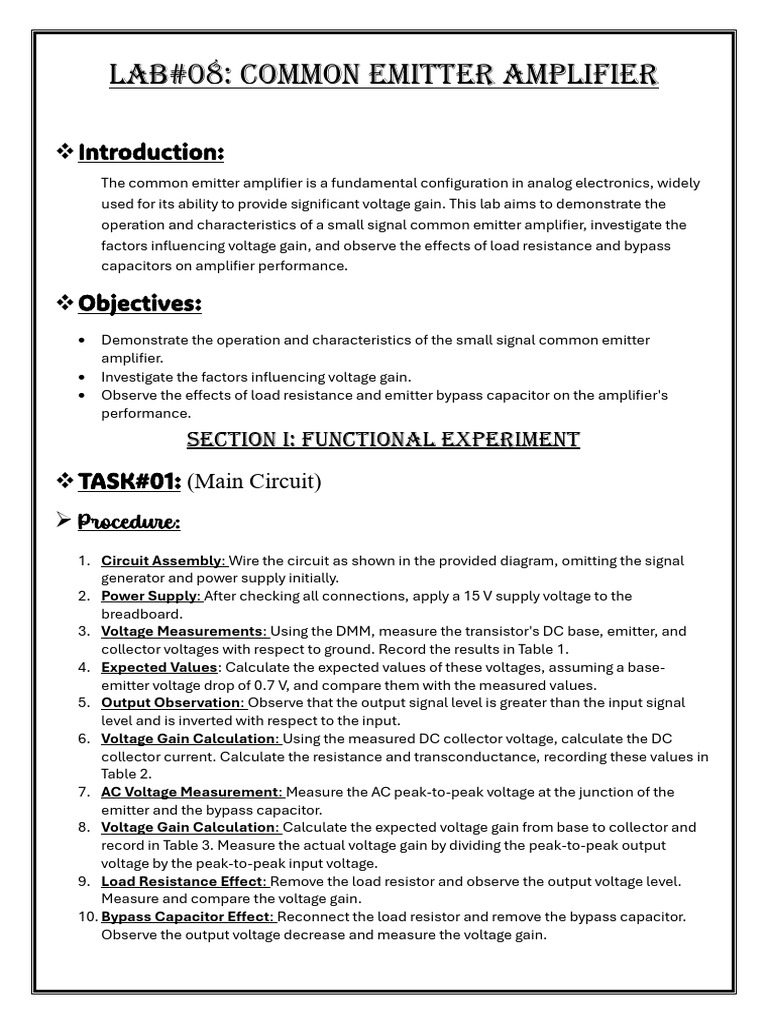 Lab#08: Common Emitter amPliFier | PDF | Amplifier | Electrical Engineering