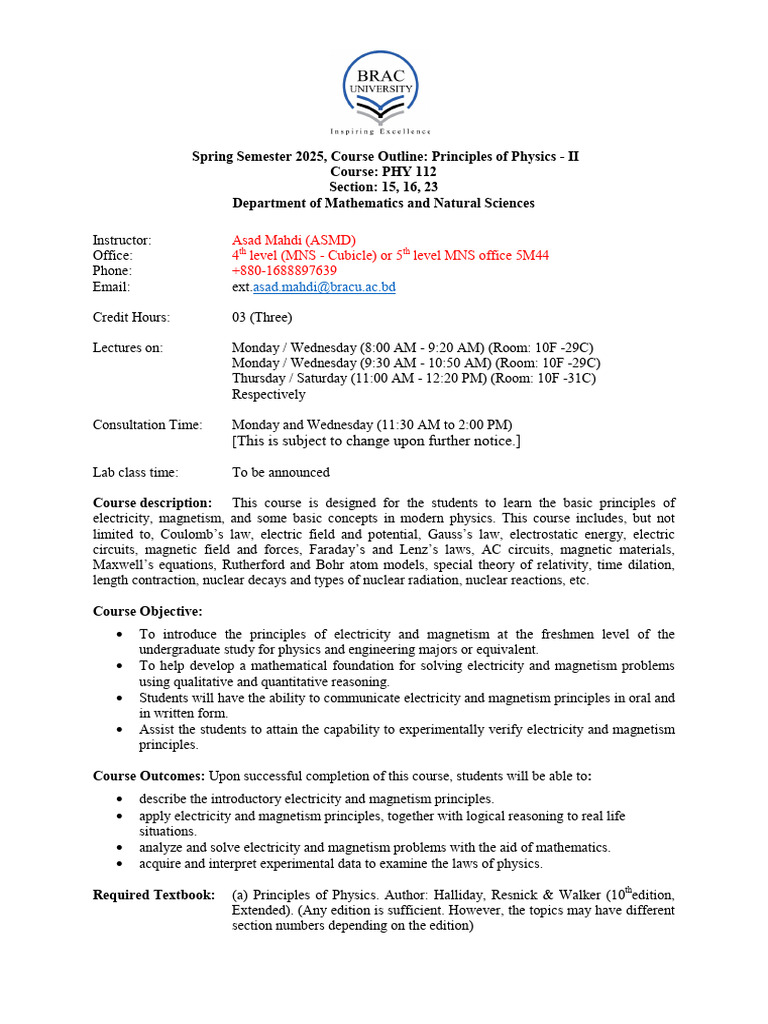 Course Outline PHY-112 Spring 2025 | PDF | Physics | Magnetism