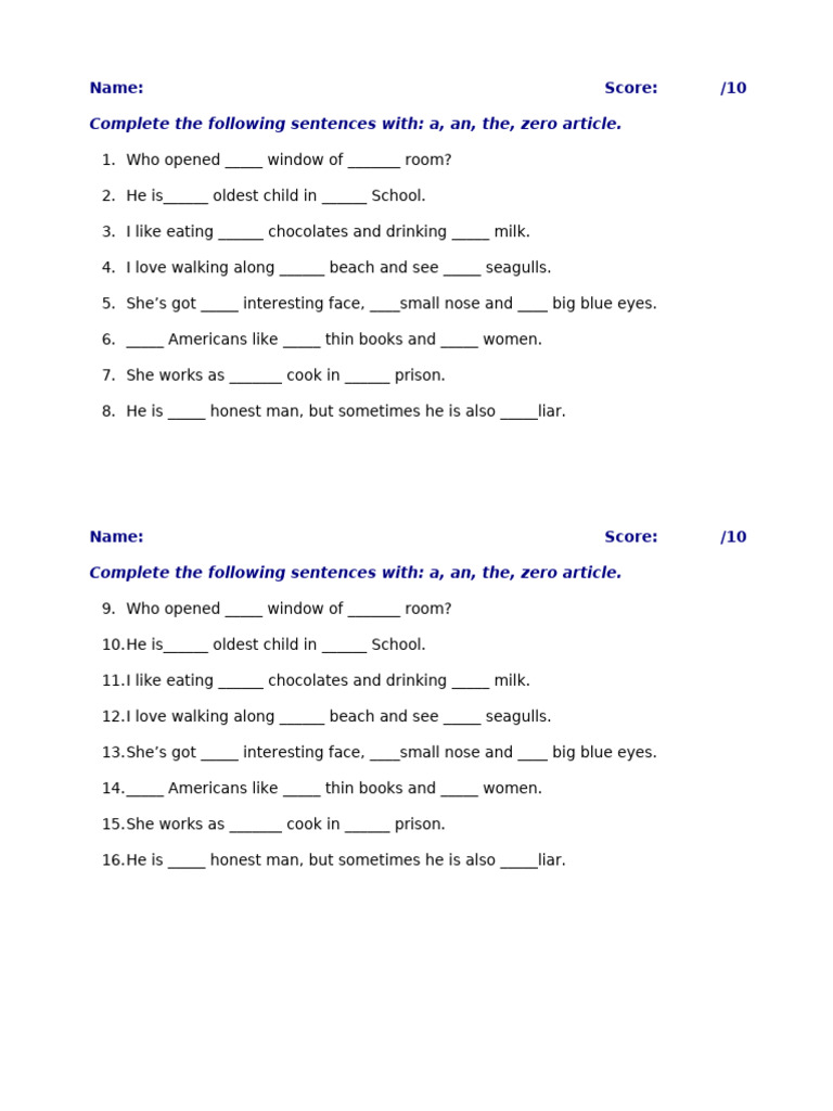 Fill-in-the-Blank Article Exercises | PDF