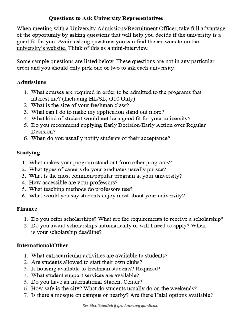 Questions To Ask University Representatives | PDF