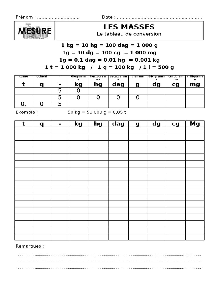 Conversion des Masses pour Élèves | PDF