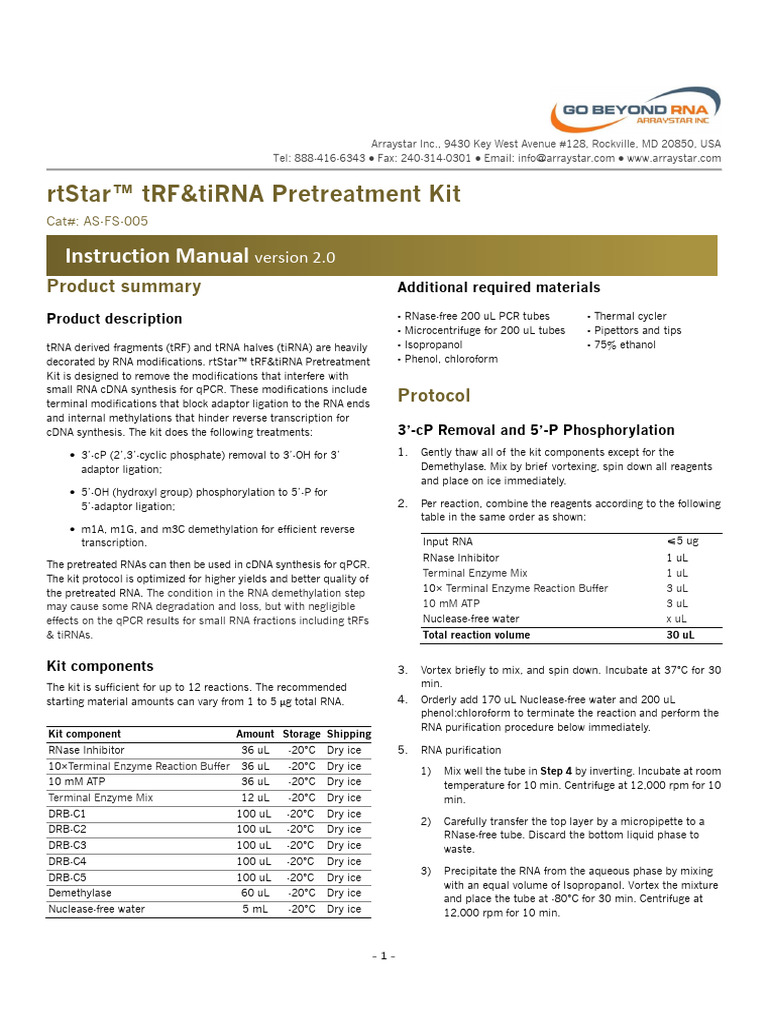 Manual TRF TiRNA Pretreatment Kit v2.02 | PDF | Complementary Dna ...