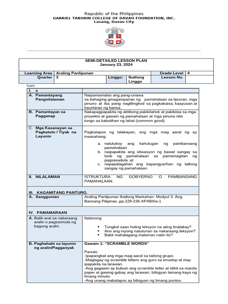 Ang Pambansang Pamahalaan Lesson Plan 2 1 | PDF