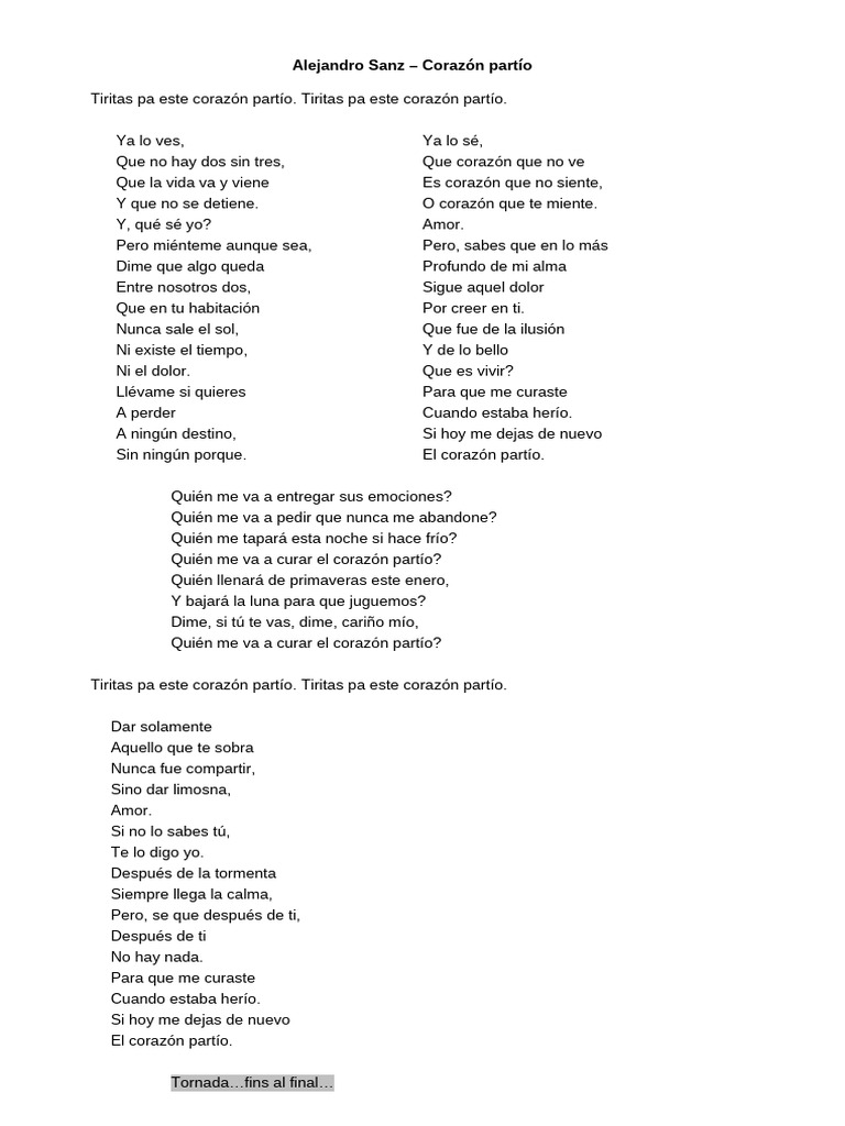Letra de "Corazón Partío" de Alejandro Sanz | PDF