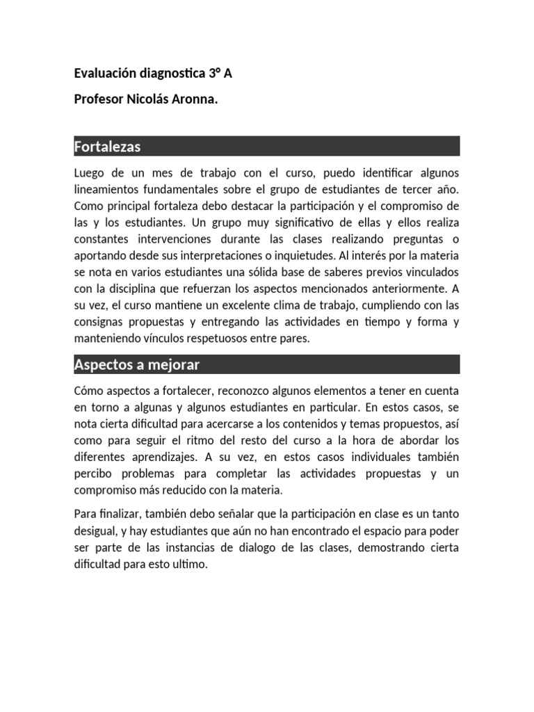 Evaluación Diagnostica 3° A, 2023 | PDF
