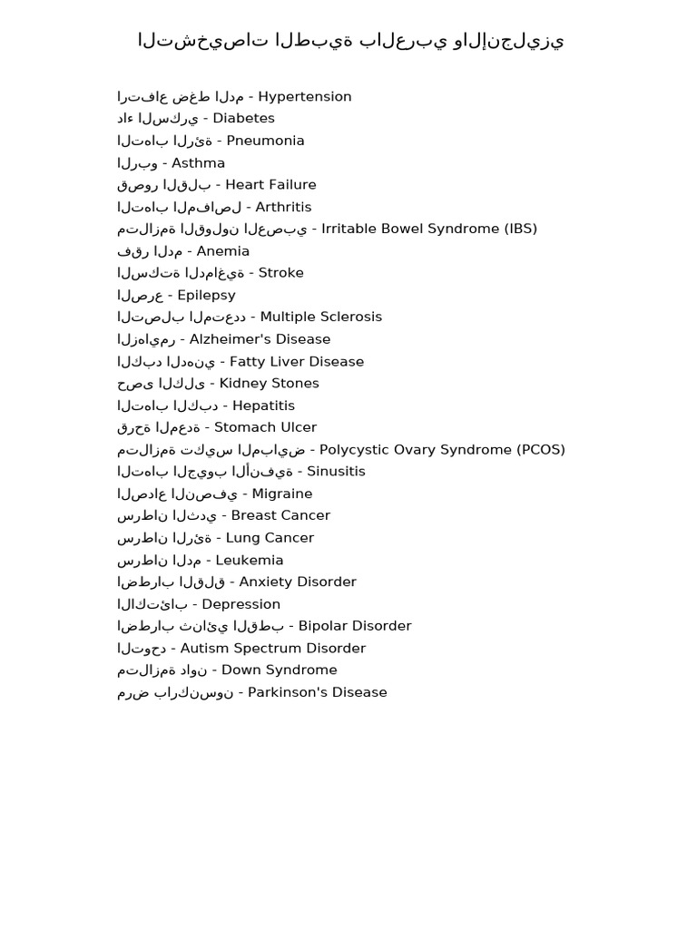 Medical Diagnoses Arabic English | PDF