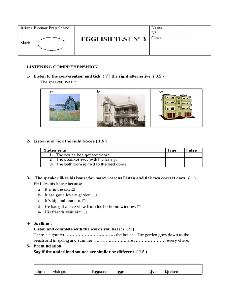 Ariana Pioneer Prep School Test N°3 | PDF