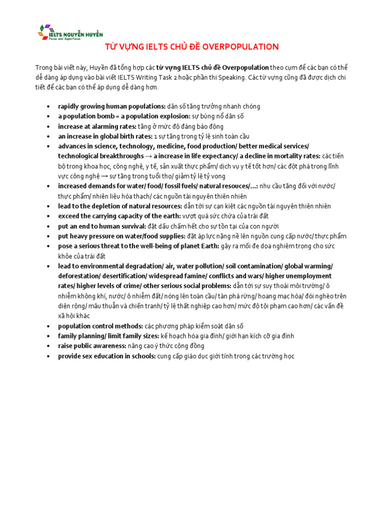 Tu vung IELTS chu de Overpopulation | PDF