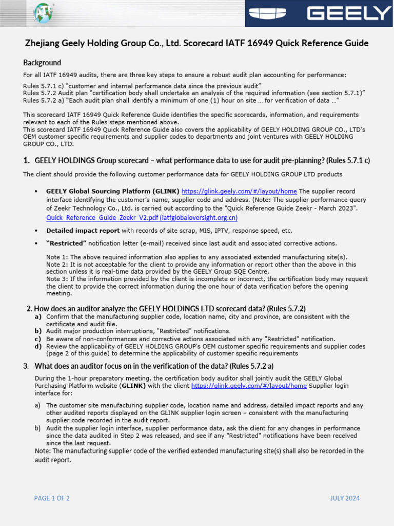 Geely IATF 16949 Audit Scorecard Guide | PDF | Audit | Computing