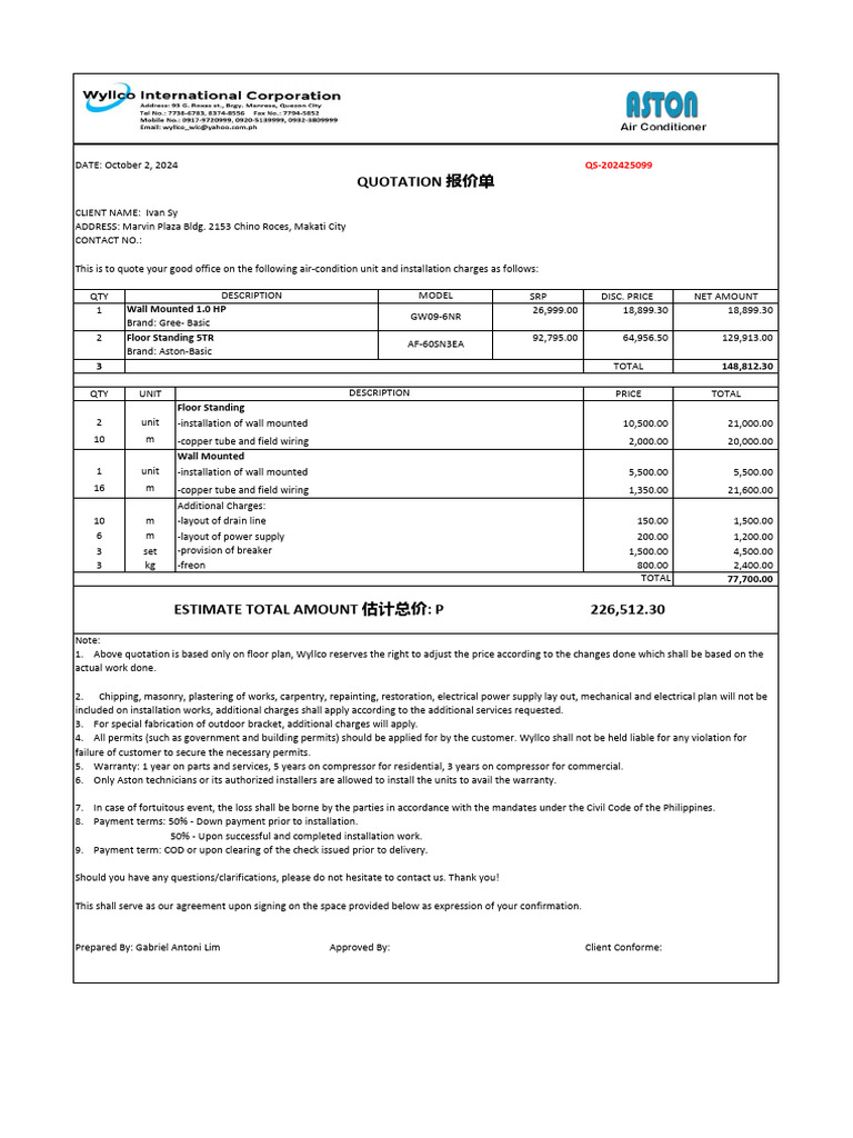 Air Conditioning Quotation and Installation | PDF