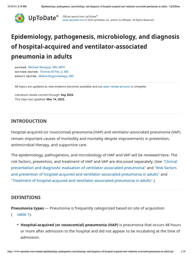 Epidemiology, Pathogenesis, Microbiology, and Diagnosis of Hospital-Acquired and Ventilator ...