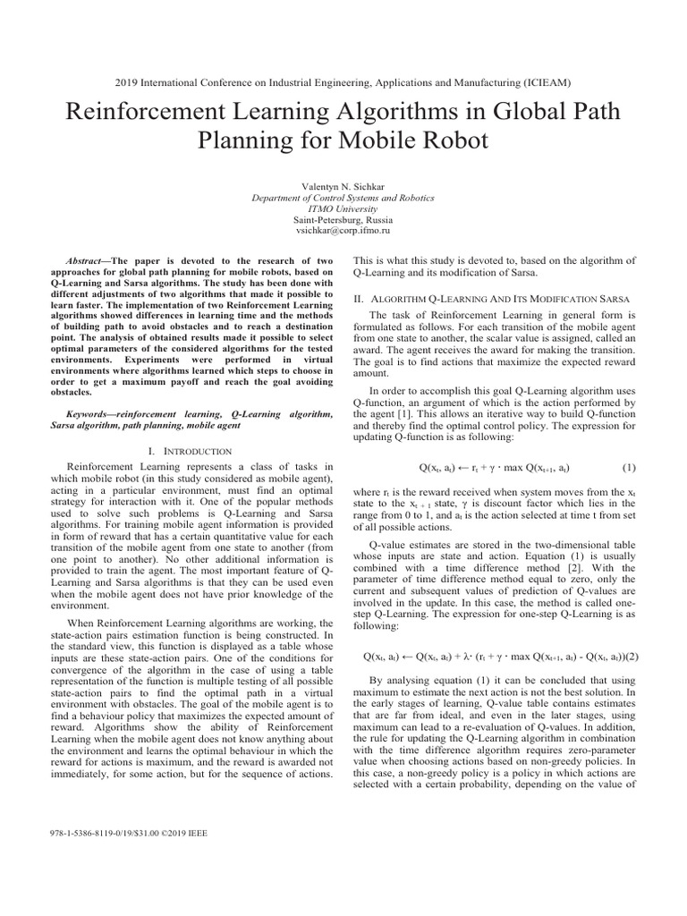 Reinforcement Learning Algorithms In Global Path Planning For Mobile Robot Pdf Applied