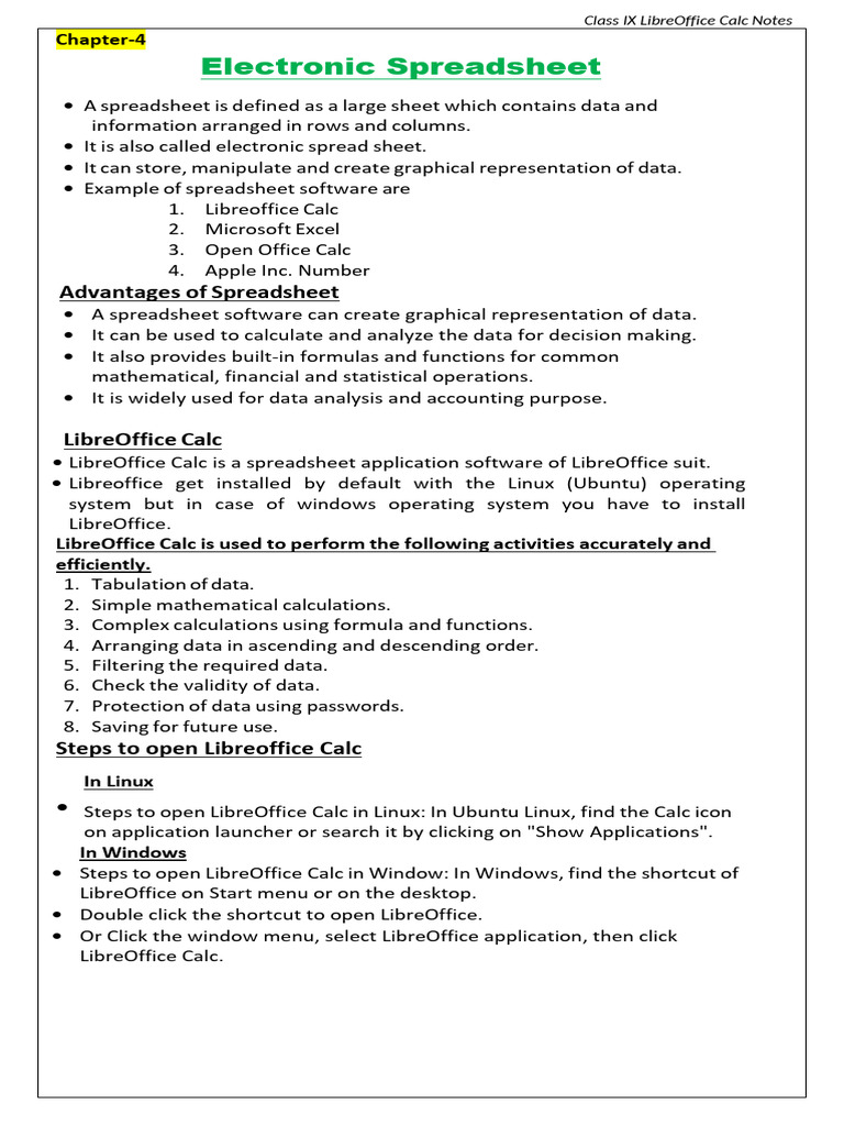 Class IX LibreOffice Calc Overview | PDF | Spreadsheet | Window (Computing)