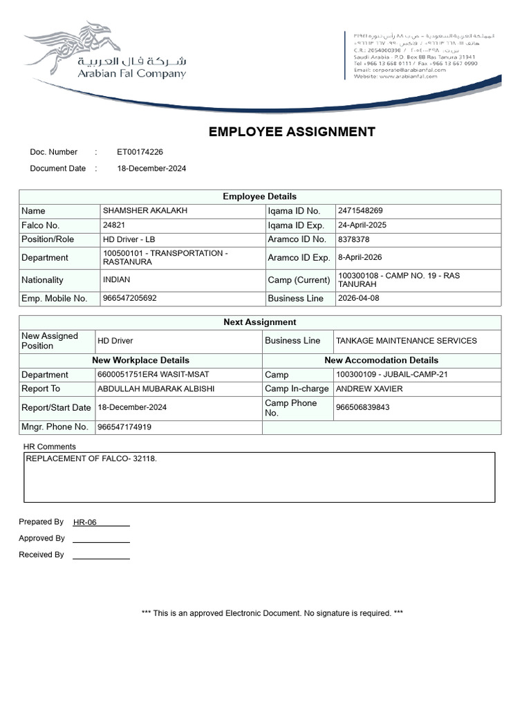 Employee Assignment Details for HD Driver | PDF