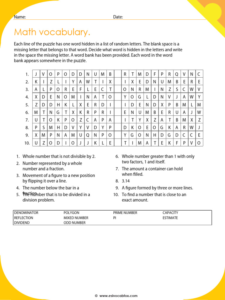 Math Vocabulary Puzzle Activity | PDF | Numbers | Elementary Mathematics