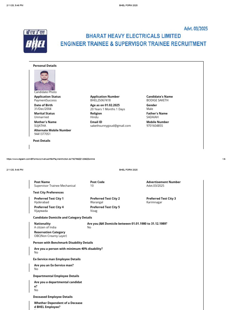 Bhel Form 2025 | PDF