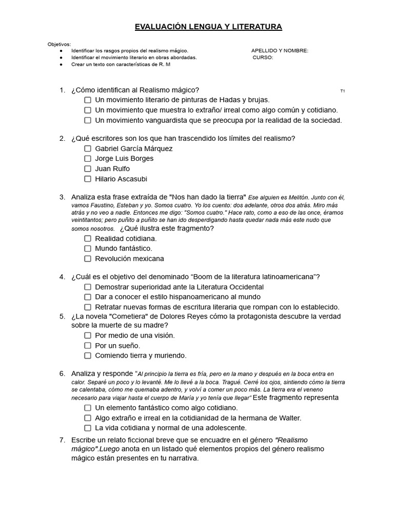 Evaluación de Realismo Mágico en Literatura | PDF | Realismo literario ...