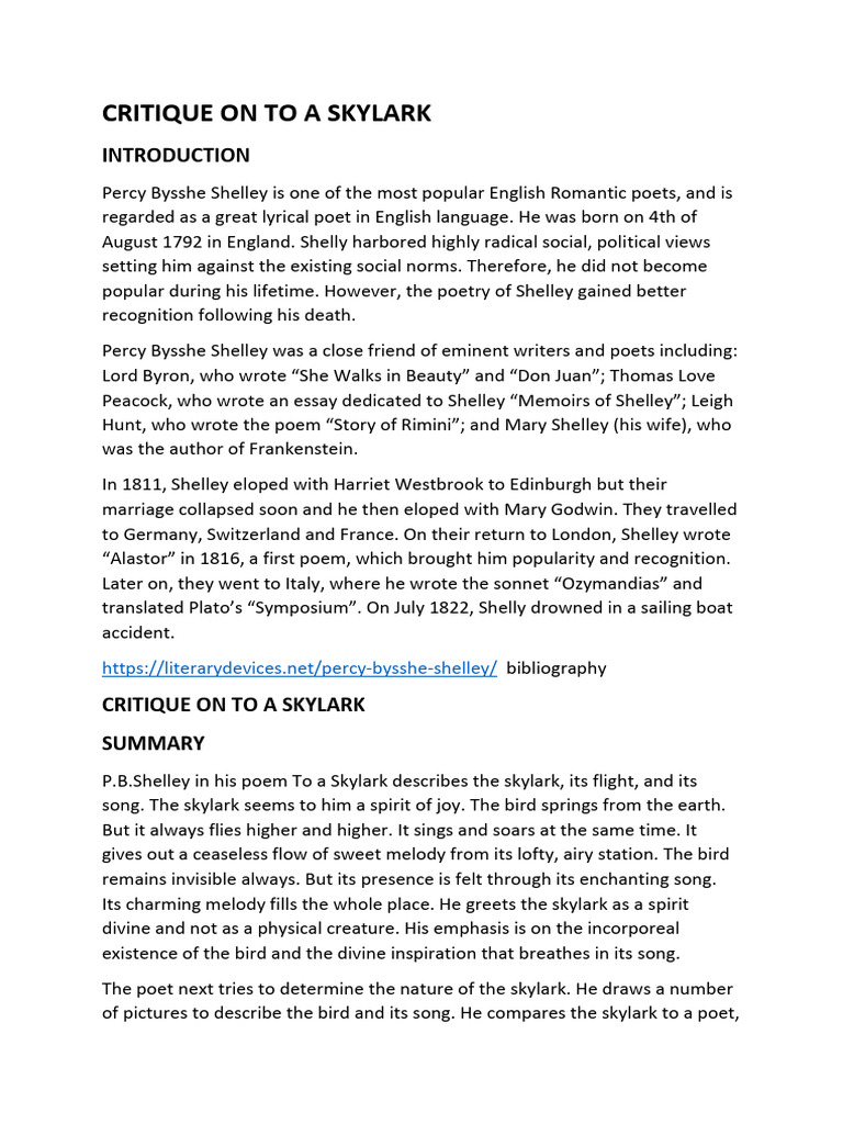 Critique On To A Skylark | PDF | Poetry | Percy Bysshe Shelley