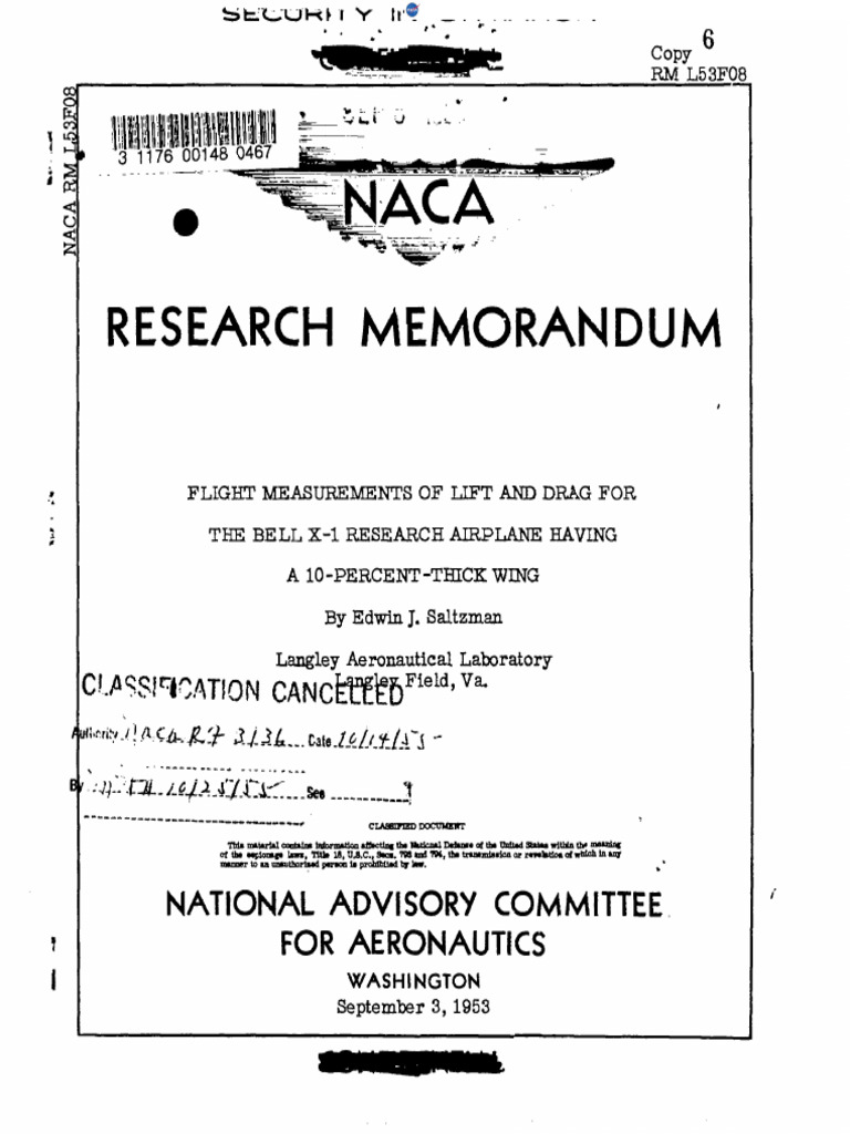 NACA-RM-L53F08 Flight Measurement of Lift and Drag For The Bell X-1 ...