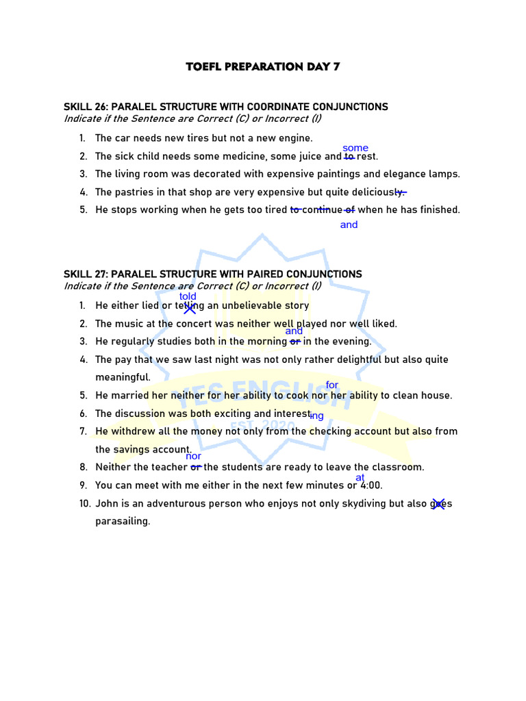 TOEFL Parallel Structure and Grammar Practice | PDF