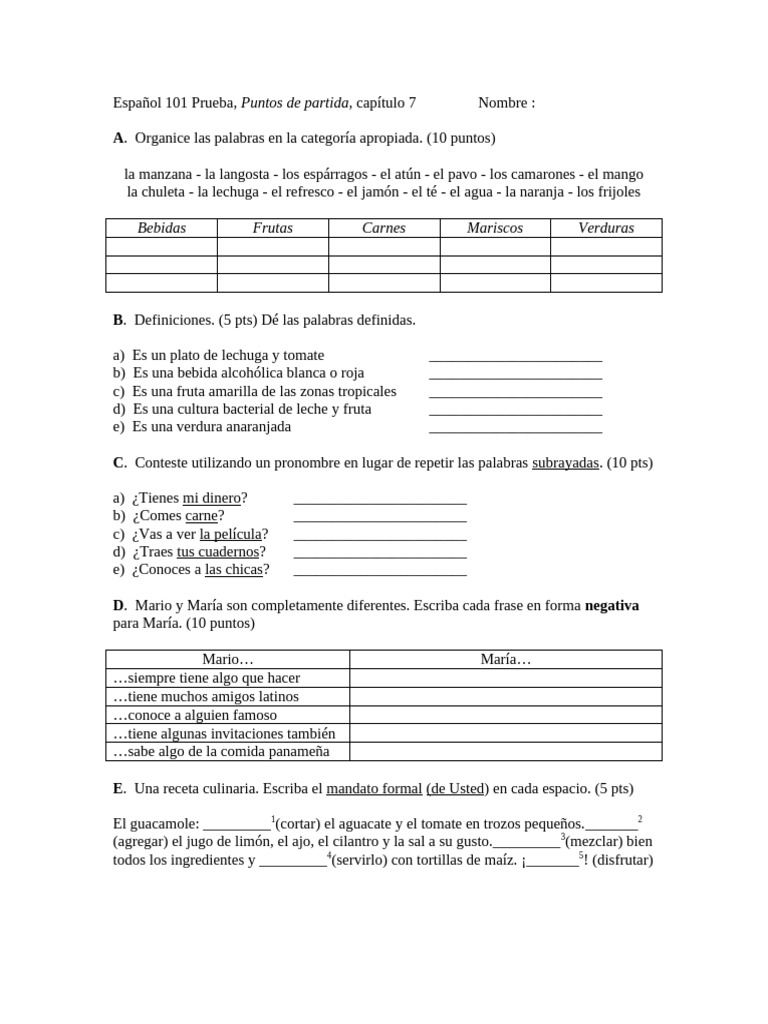 Prueba de Español 101: Vocabulario y Gramática | PDF