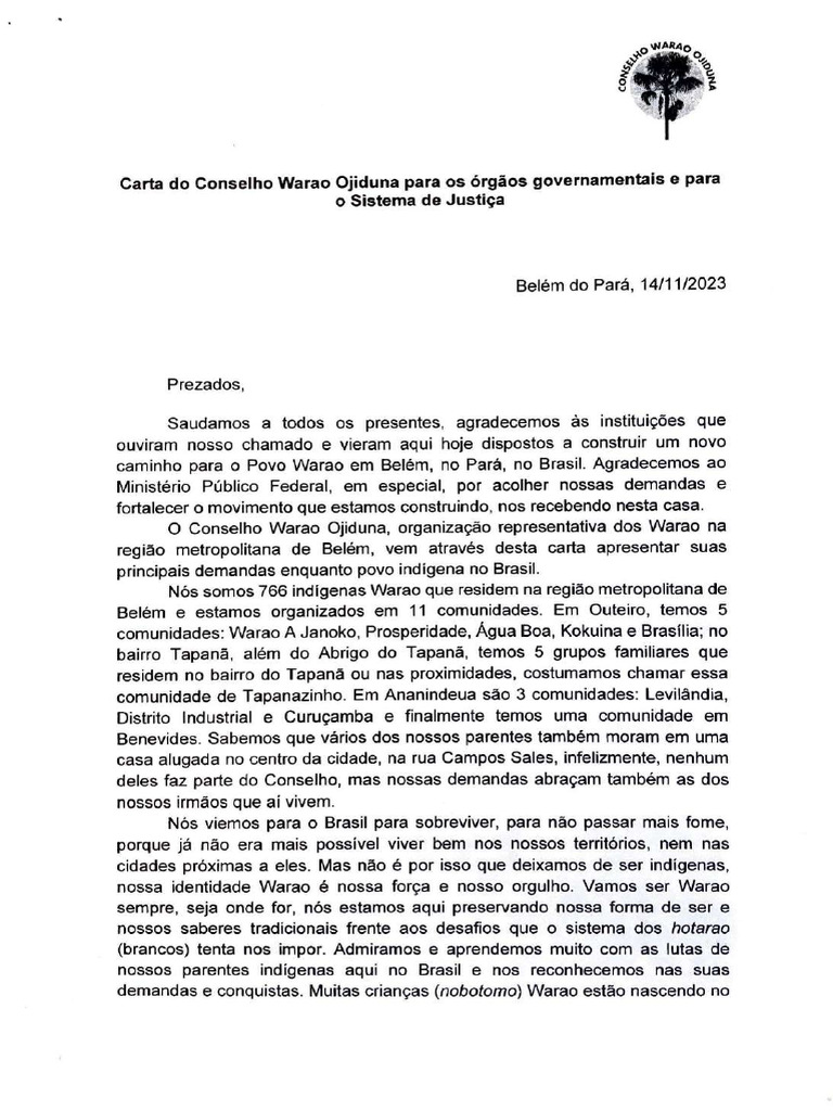 Carta Conselho Warao Ojiduna para Orgaos Governamentais e para Sistema Justica Nov-2023 | PDF ...