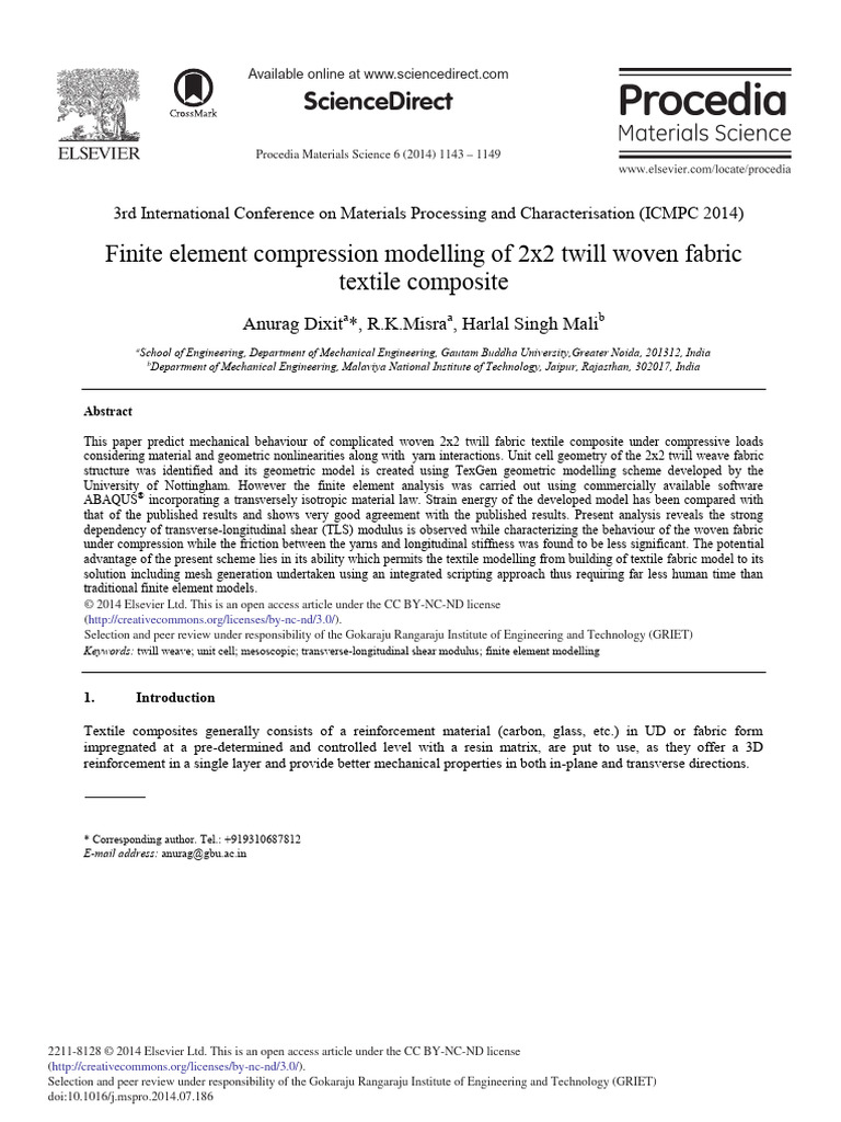 2014-Finite Element Compression Modelling of 2x2 Twill Woven Fabric Textile Composite | PDF ...