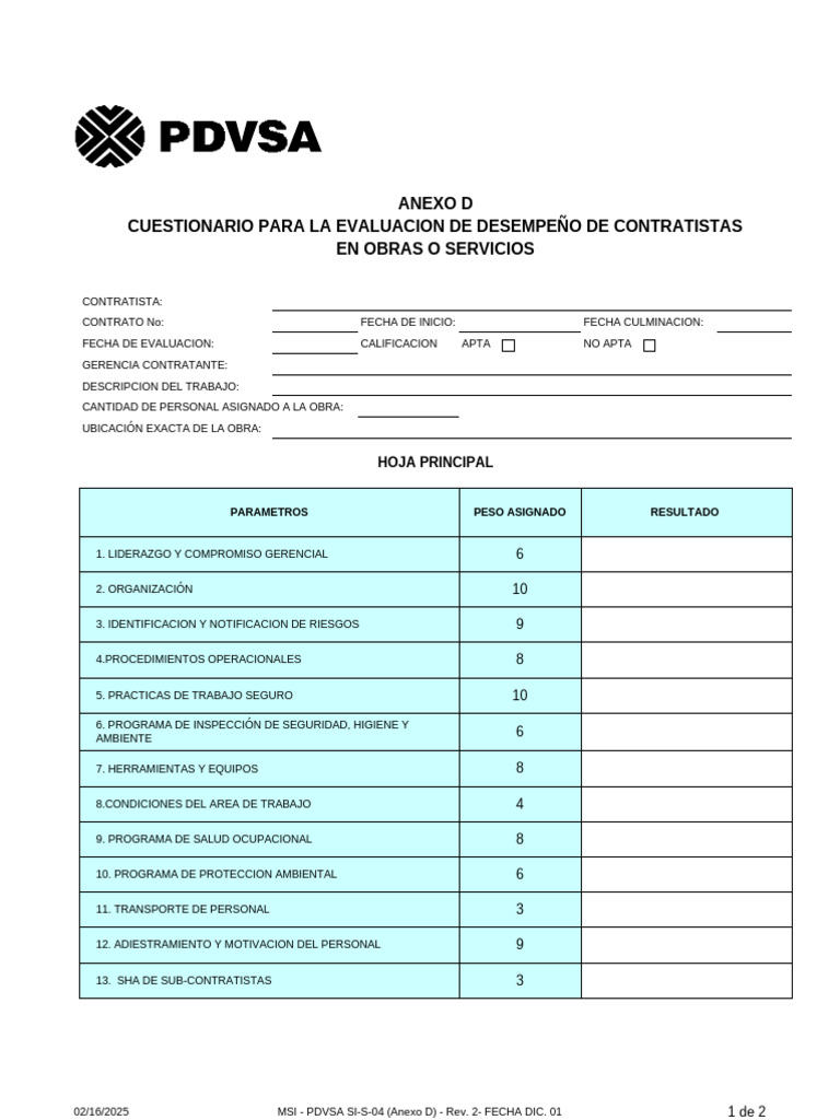 Evaluación de Contratistas PDVSA | PDF | Seguridad y salud ocupacional | Lugar de trabajo