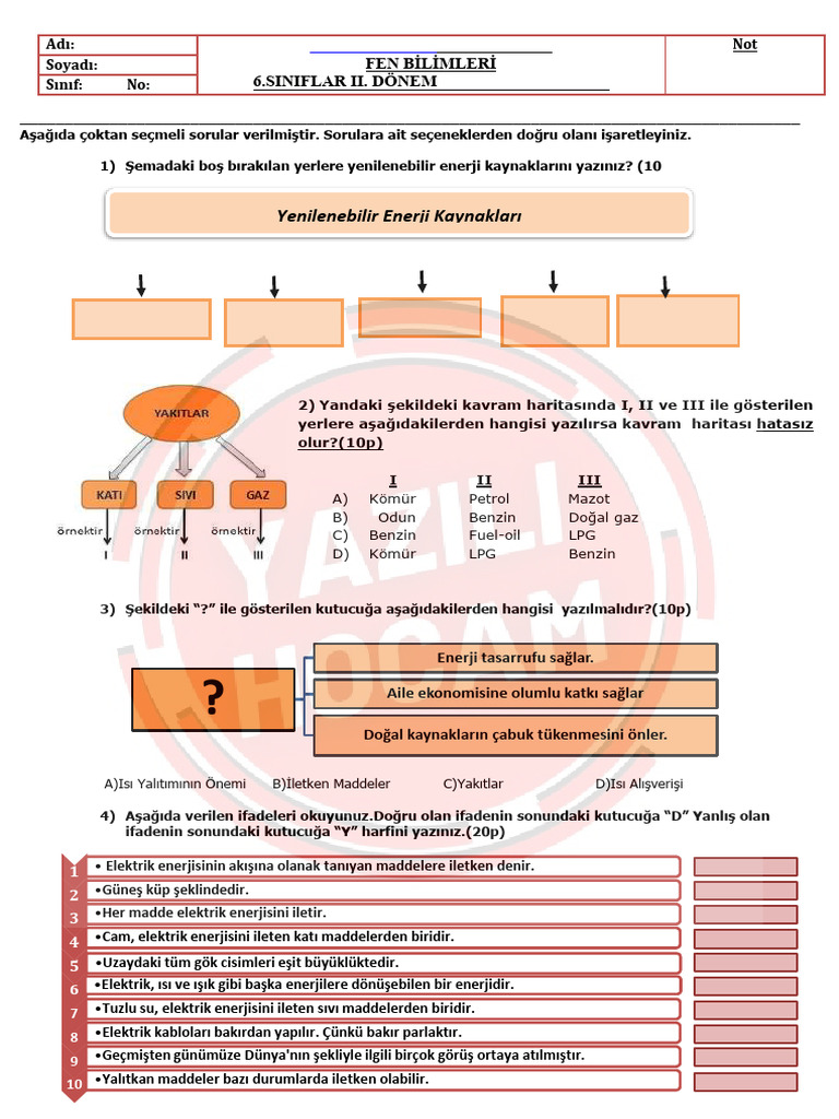 6.sınıf Fen 2.dönem 2.yazılı Soruları-4 | PDF