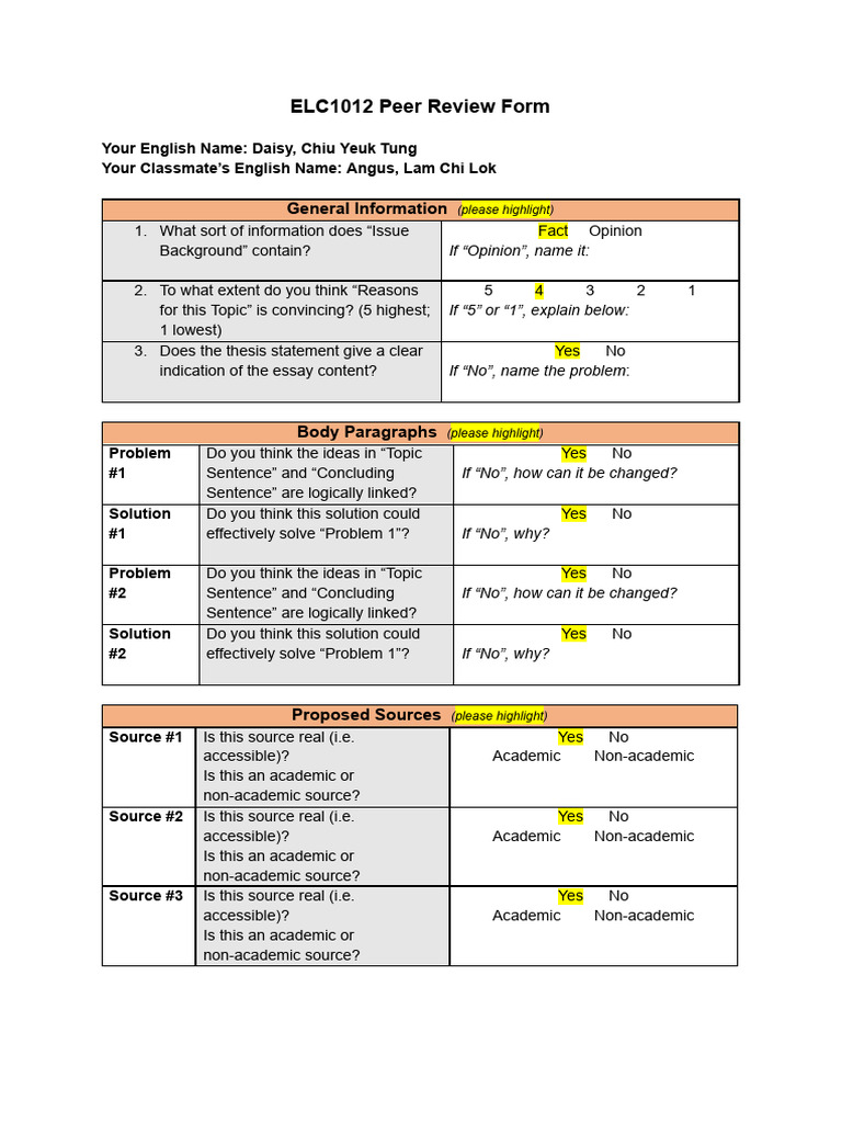 ELC1012 Peer Review Feedback Form | PDF | Essays | Cognition