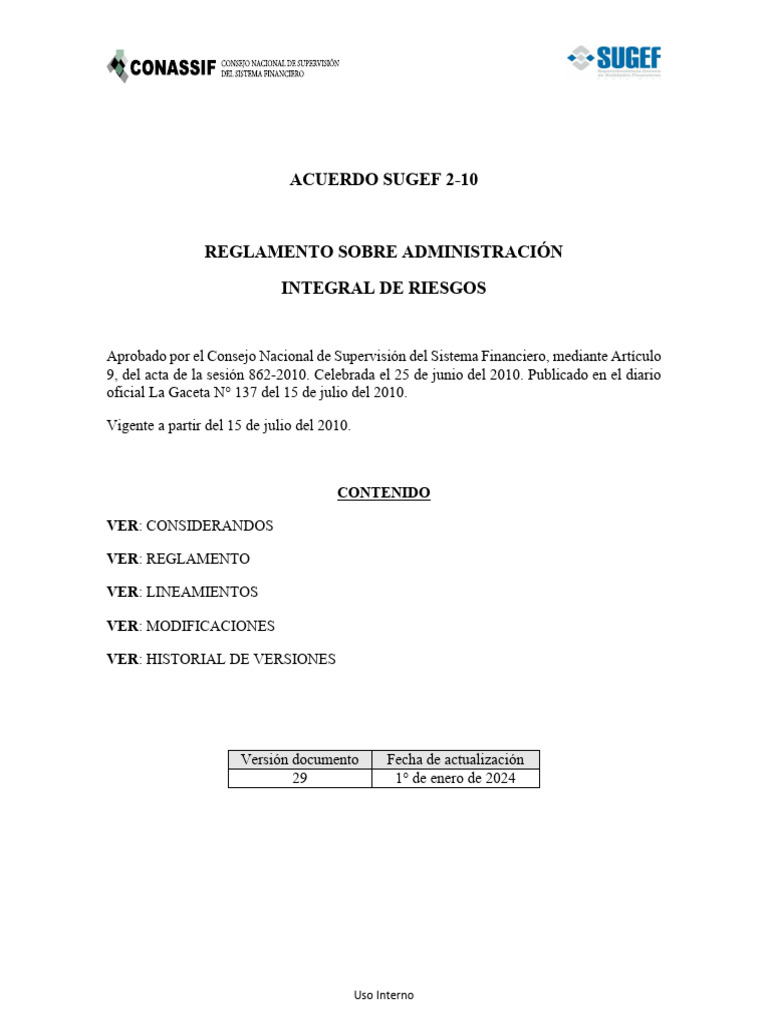 SUGEF 2-10 v29 - Gestión Integral de Riesgos | PDF | Riesgo crediticio ...
