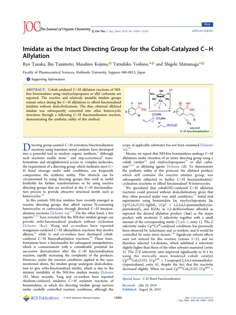 Tanaka Et Al 2019 Imidate As The Intact Directing Group For The Cobalt ...