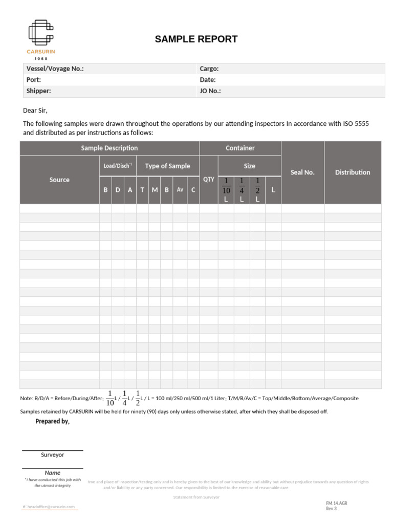 FM.14.AGR Rev3 - Sample Report | PDF | Shipping | Water Transport