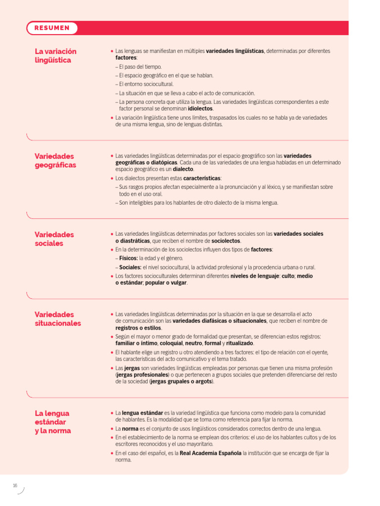 Material de Ampliación y Revisión. Resumen Variedades de La Lengua ...