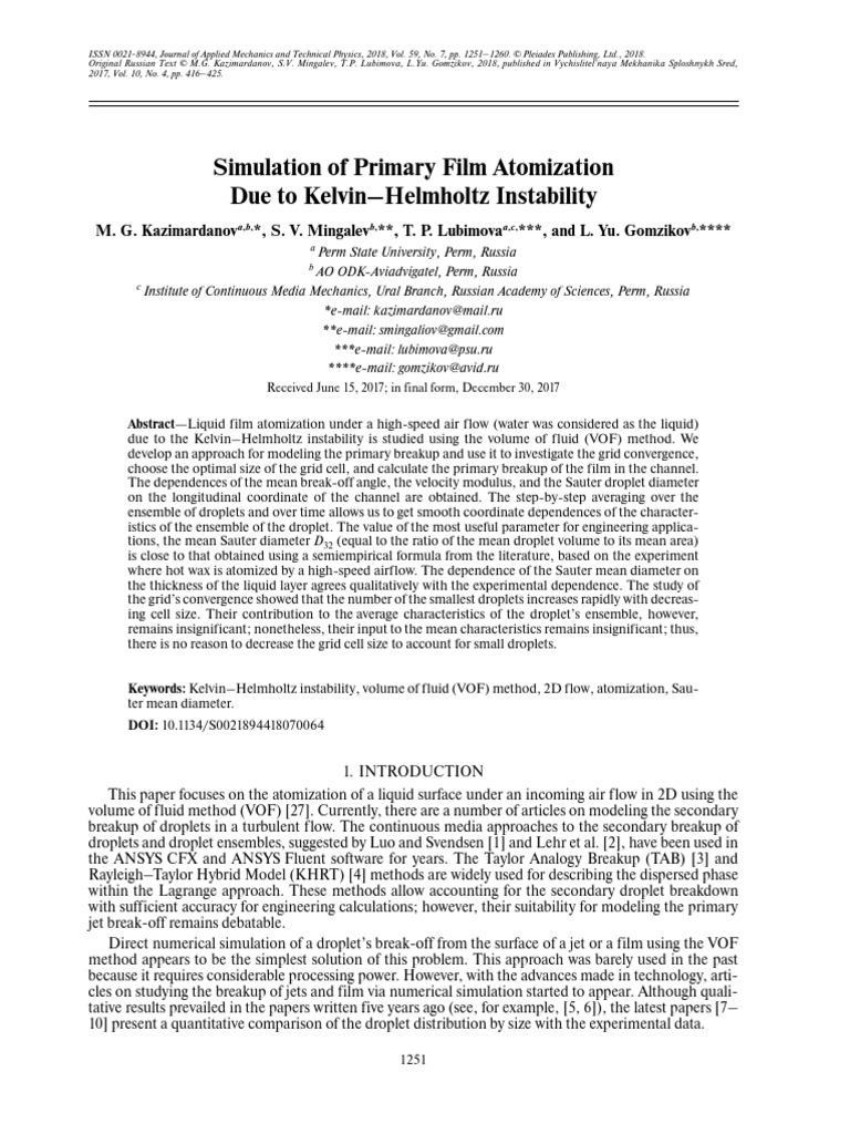 Simulation of Primary Film Atomization Due To Kelvin-Helmholtz Instability | PDF | Drop (Liquid ...