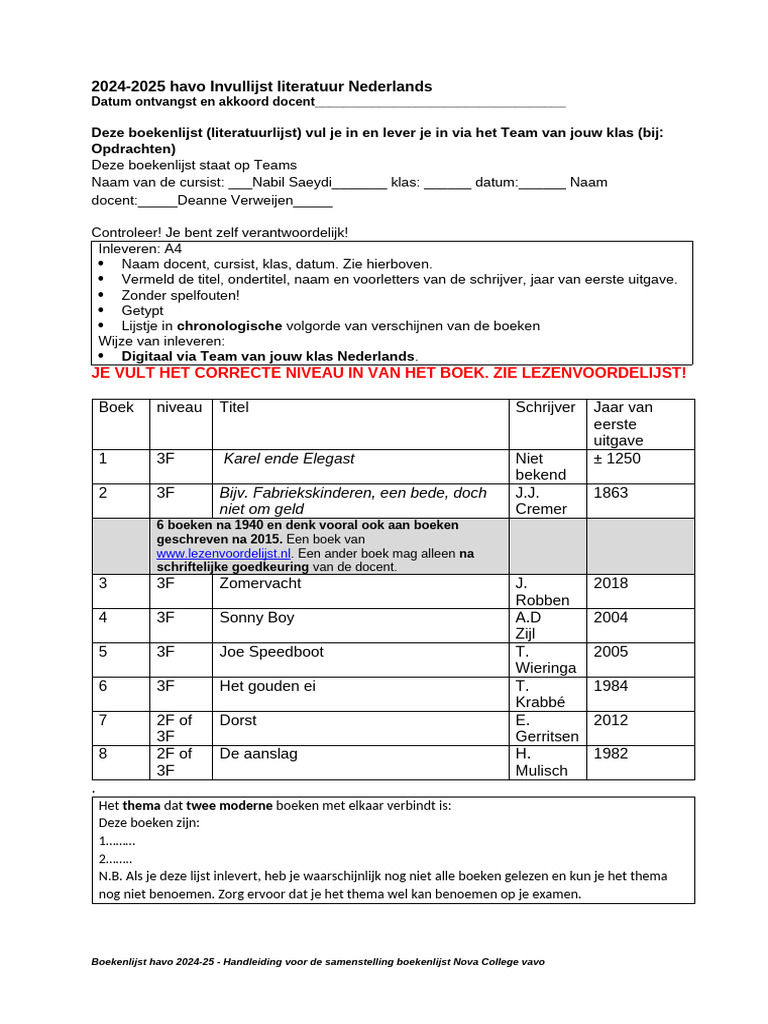 24-25 Havo Invullijst Boekenlijst Nabil Saeydi | PDF