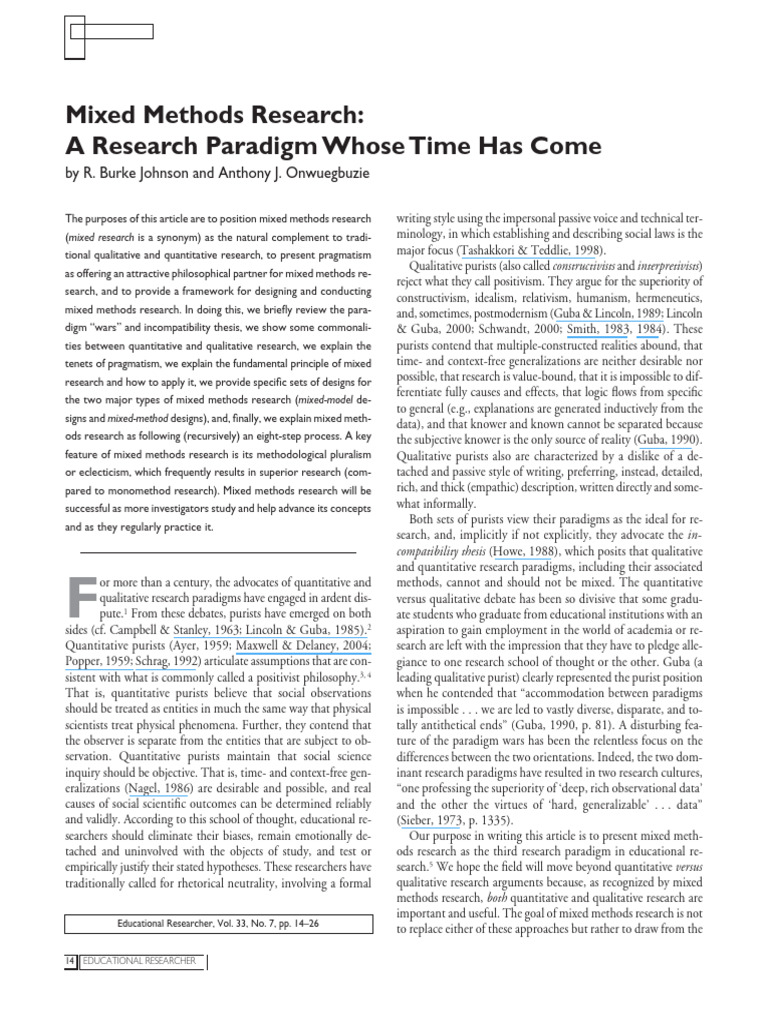Mixed Methods Research A Research Paradi - Johnson & Onwuegbuzie | PDF ...