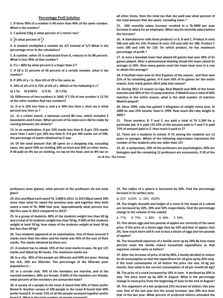 Percentage Preli Question Final-1 | PDF | Percentage | Taxes