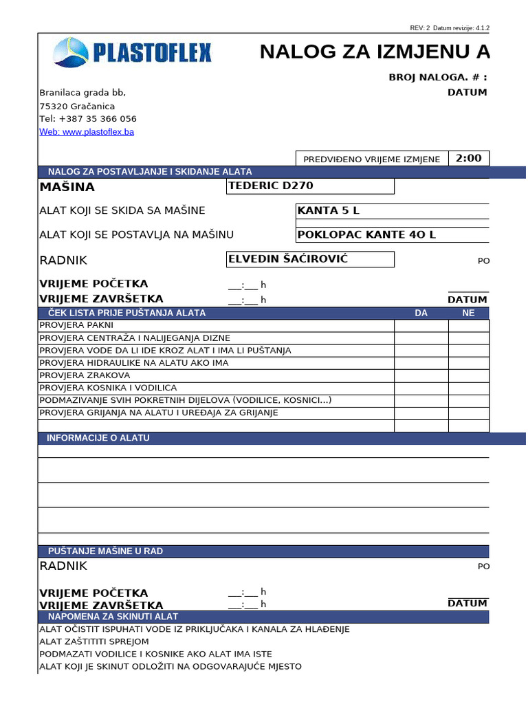 Nalog Za Izmjenu Alata 37 Tederic D270-Poklopac Kante 4o L | PDF