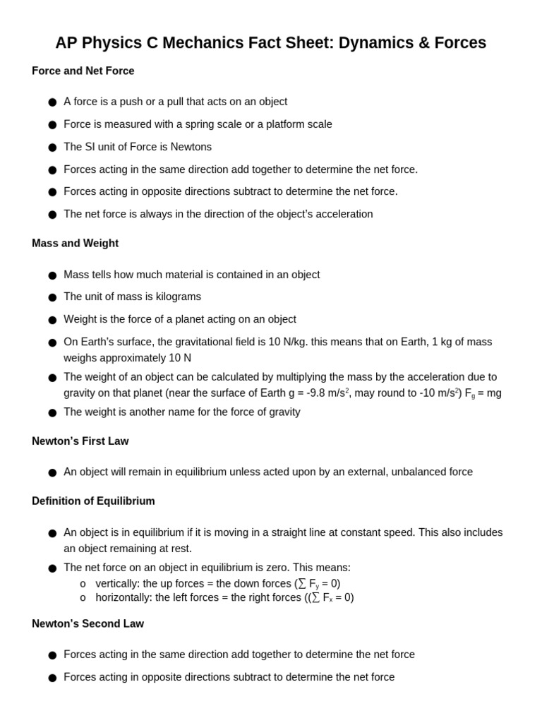 AP Physics C Fact Sheet Dynamics Newton's Laws (Algebra) | PDF | Force ...
