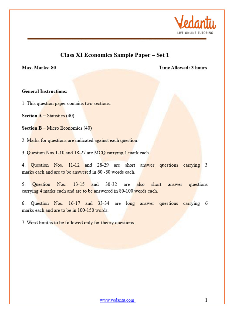 CBSE Class 11 Economics Sample Paper Set 1 For 2024-25 - Download PDF ...