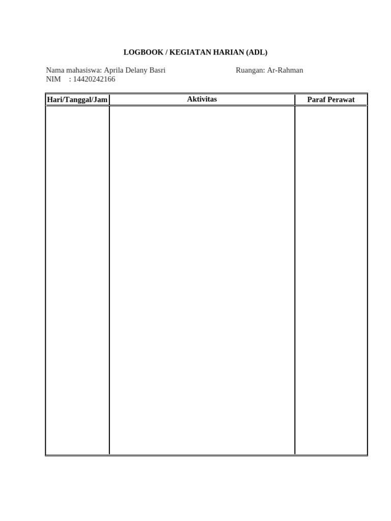 Logbook Harian Aprila di Ar-Rahman | PDF