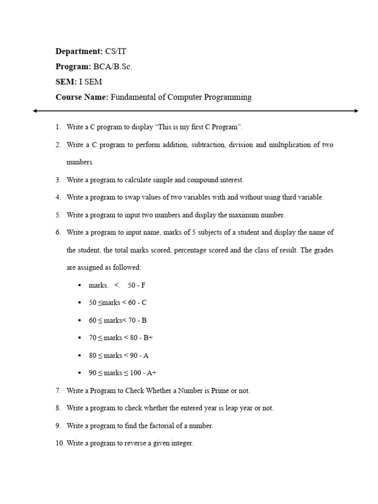 BCA-I SEM -C Practical-Program List | PDF