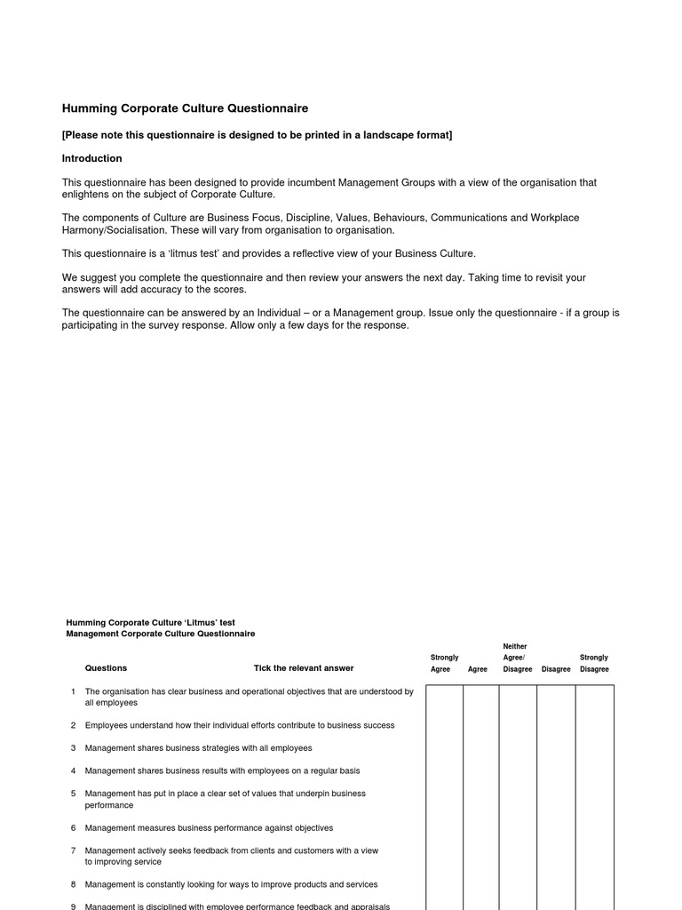 Humming Corporate Culture Questionnaire | PDF | Organizational Culture ...