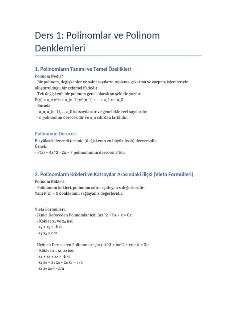 Ders 1 Polinomlar | PDF